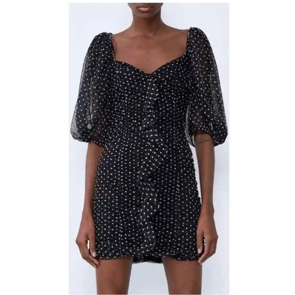 Zara | Dresses | Zara Balloon Sleeve Polka Dot Mini Dress Black Size Xs | Poshmark